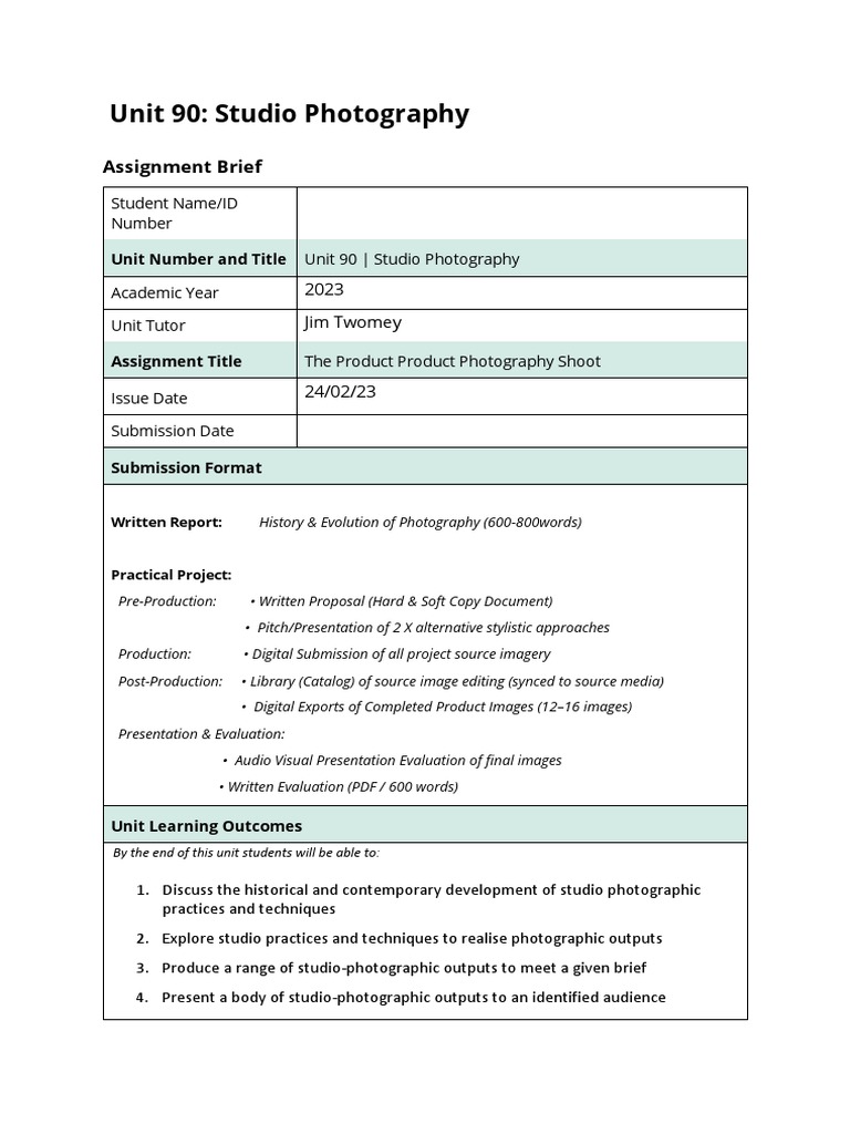 Unit 90 Studio Photography Assessment Brief | PDF | Evaluation | Brand