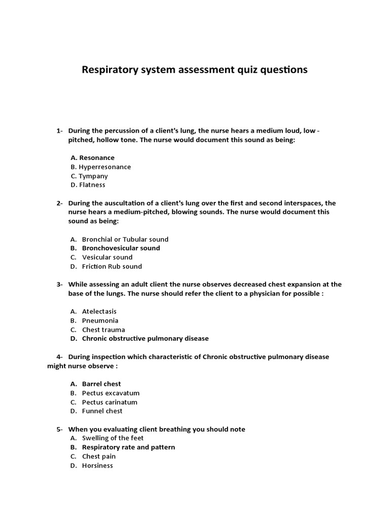 Respiratory System Assessment Quiz Questions | PDF