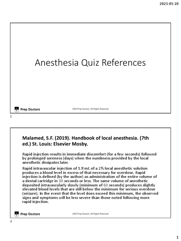 Anesthesia Quiz With References | PDF | Anesthesia | Paresthesia
