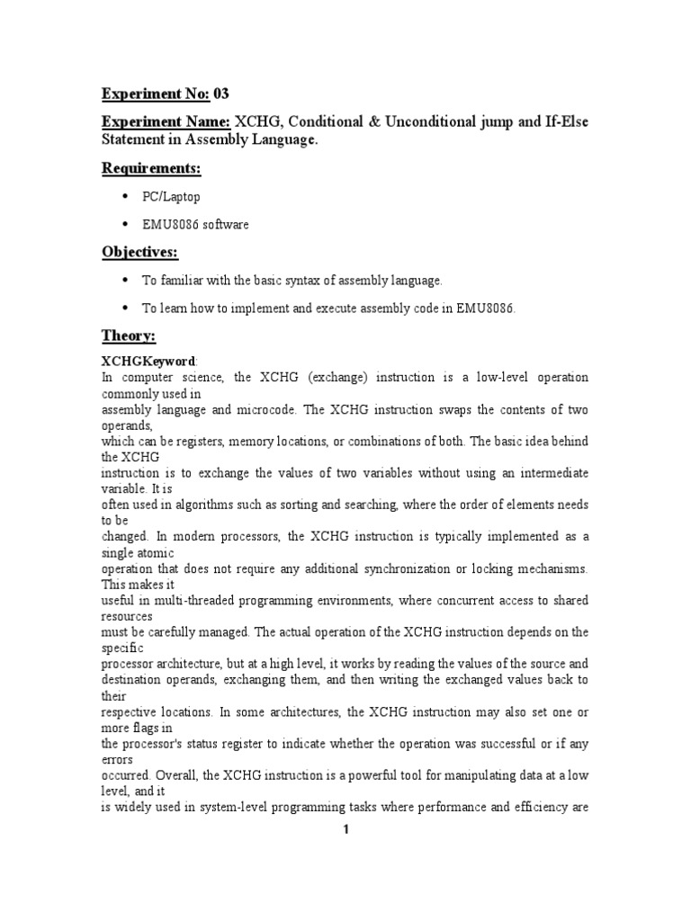 Experiment No: 03 Experiment Name: XCHG, Conditional & Unconditional Jump and If-Else Statement ...