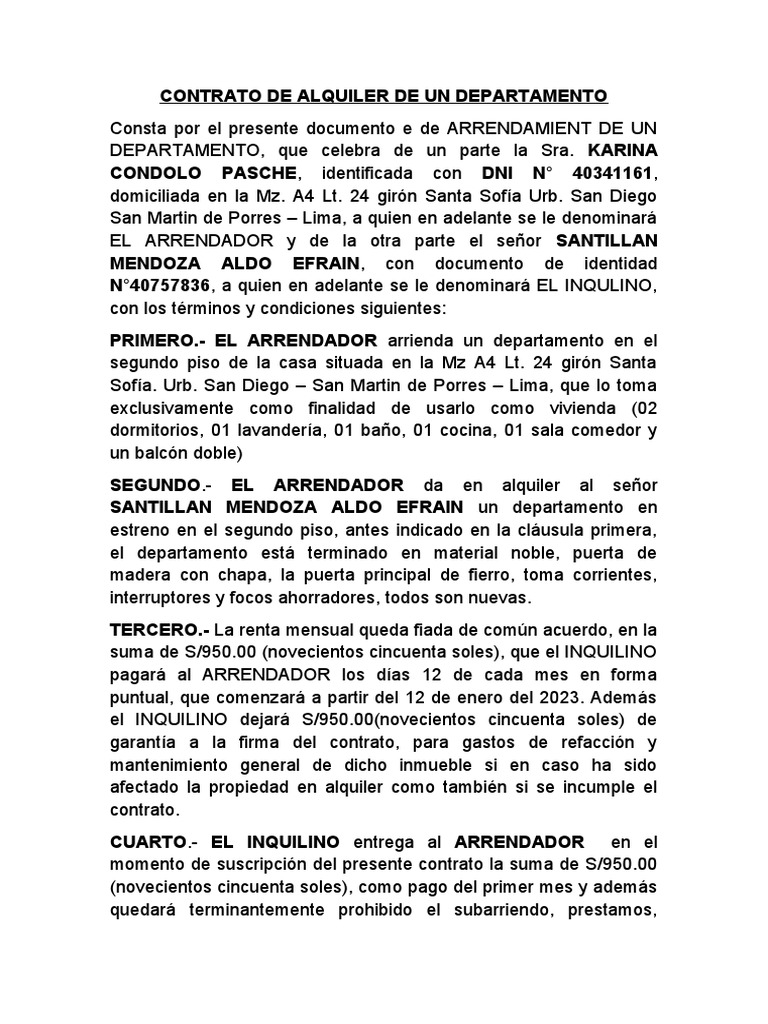 Contrato de Alquiler de Un Departamento | PDF