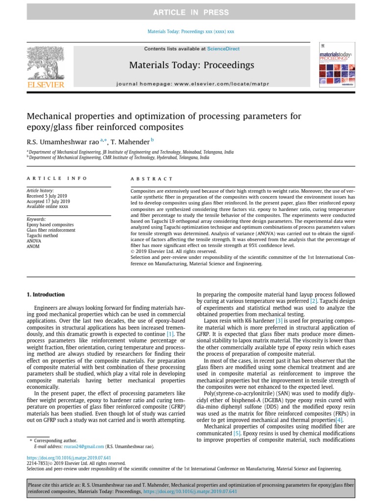 Mechanical Properties and Optimization of Processing Parameters For Epoxy Glass Fiber Reinforced ...