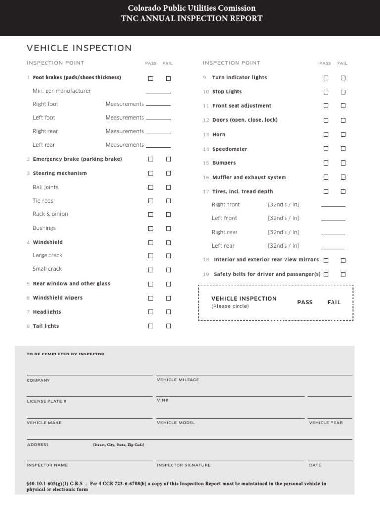 Colorado TNC Annual Inspection Report | PDF | Vehicles | Steering