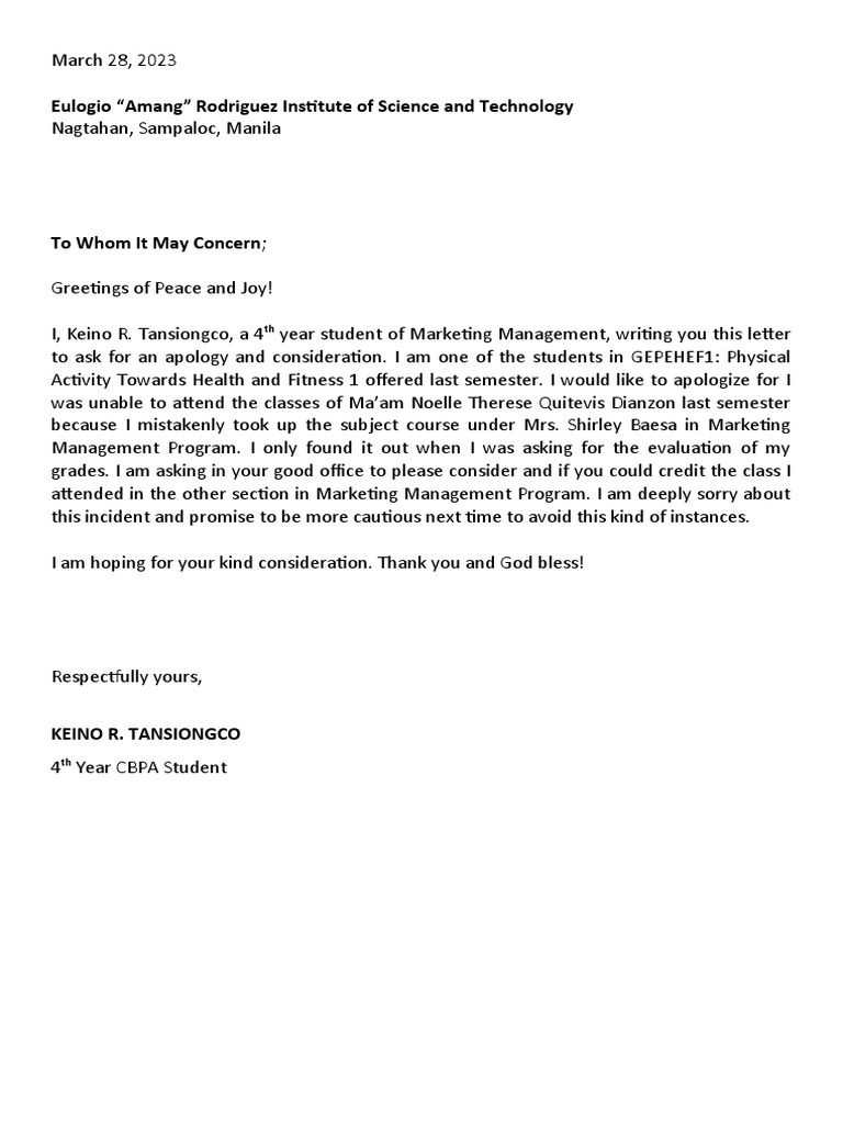 Letter of Apology and Consideration | PDF