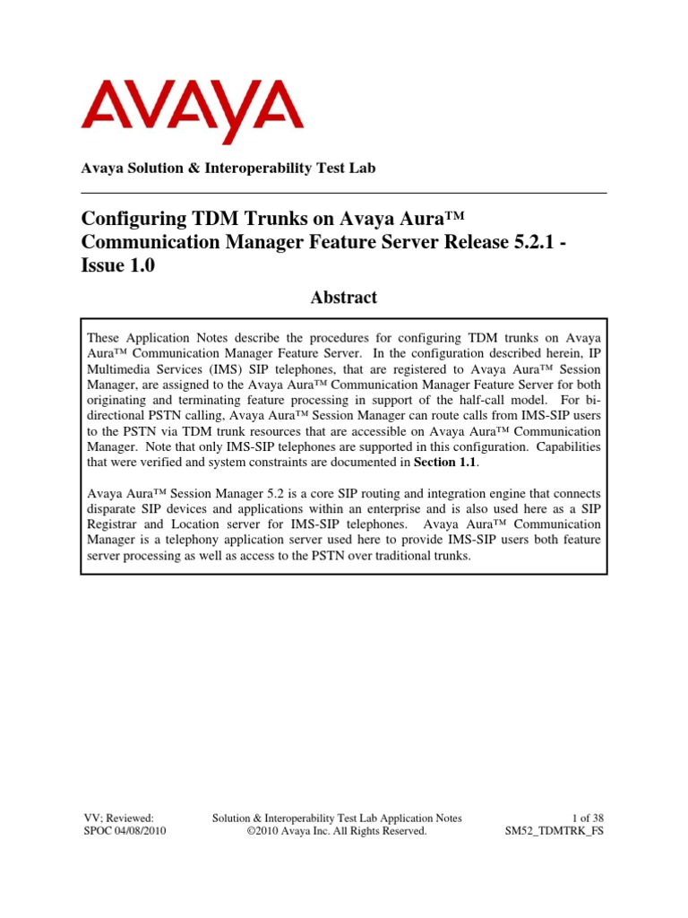 Configuring TDM Trunks On Avaya Aura™ Communication Manager Feature ...