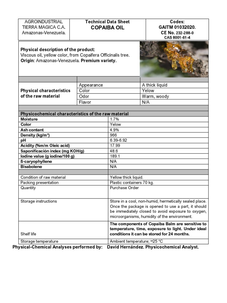 Copaiba Oil Technical Data Sheet | PDF | Chemistry | Materials