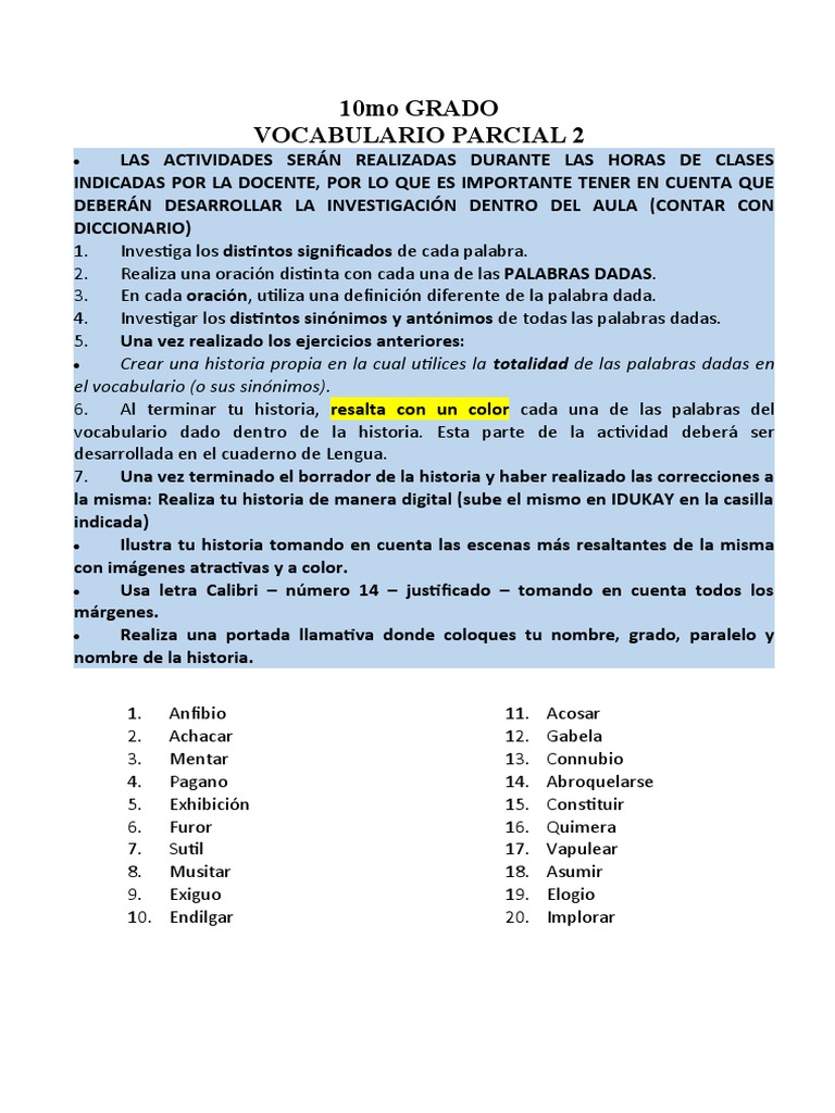 10mo Grado Vocabulario Parcial 2 | PDF