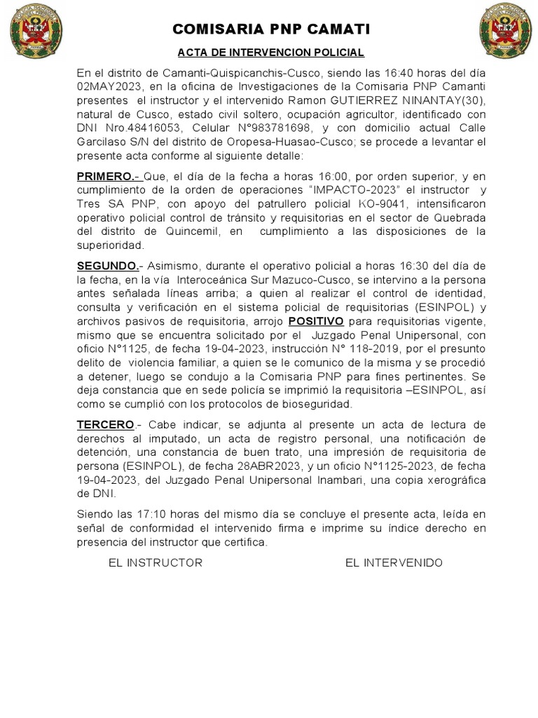 ACTA DE INTERVENCION POLICIAL Andahuaylillas | PDF | Policía | Crimen y violencia