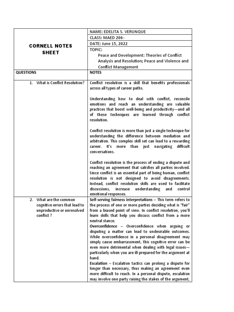 Cornell Notes No 2 Pdf Conflict Resolution Psychology