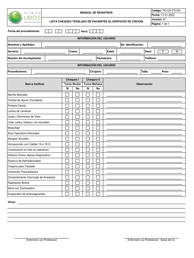 Lista Chequeo Traslado de Pacientes Al Servicios de Cirugia | PDF