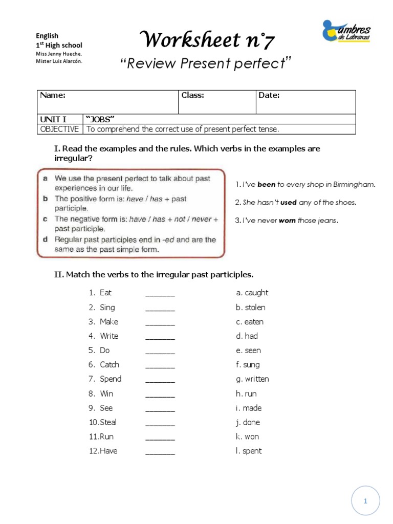 Irregular Verbs and Present Perfect Worksheet | PDF | Verb | Perfect ...