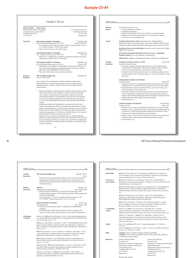 Sample CVs From MIT Career Handbook | PDF | Hydrothermal Vent | Elasticity (Physics)