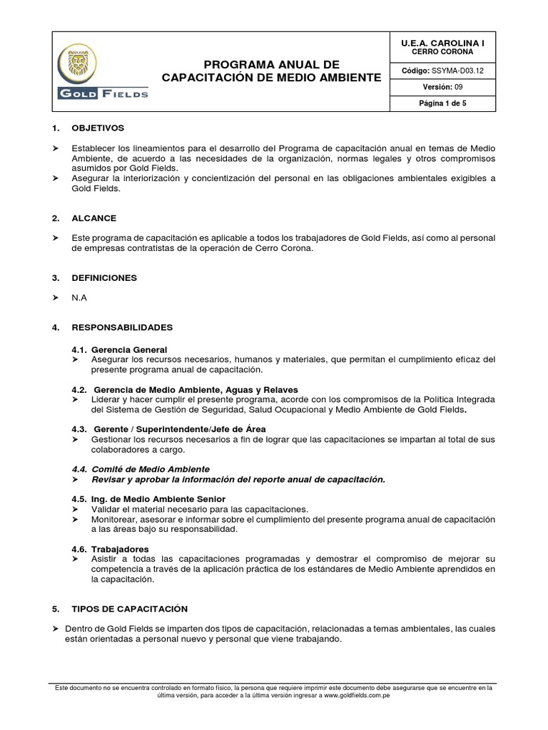 SSYMA D03.12 Programa Anual de Capacitacion de Medio Ambiente V9 | PDF | Seguridad y salud ...