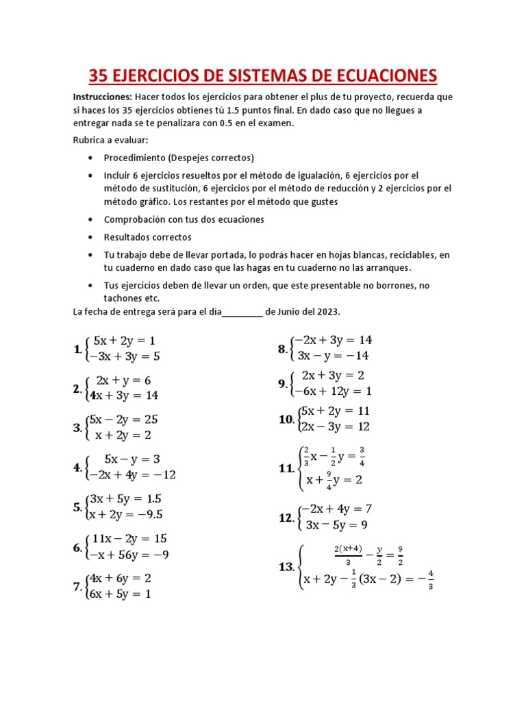 35 Ejercicios de Sistemas de Ecuaciones | PDF | Geometría Elemental | Matemática Elemental