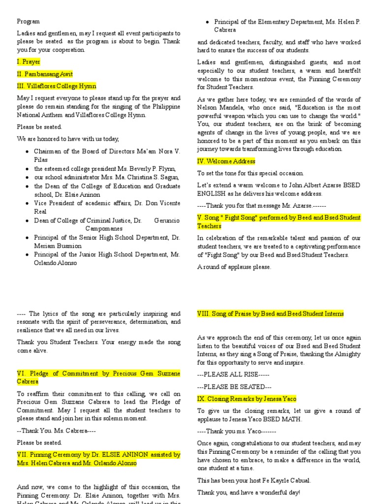 Pinning Ceremony for Student Teachers | PDF | Language Arts ...