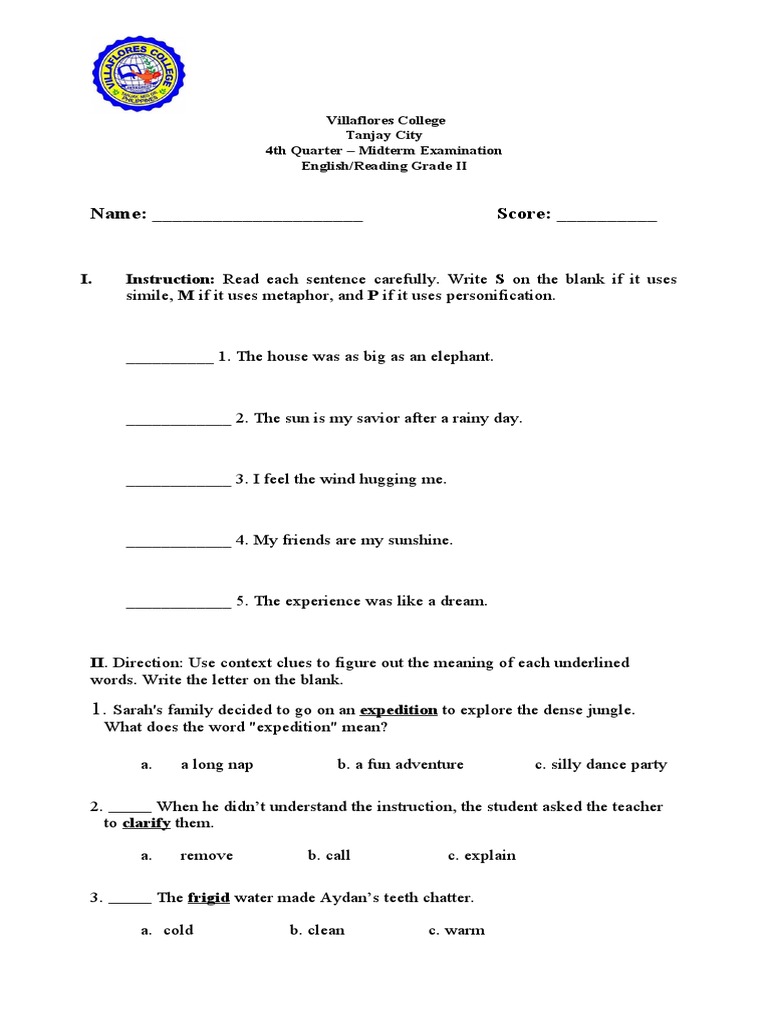 Grade 2 4rth Quarter Midterm Examination | PDF