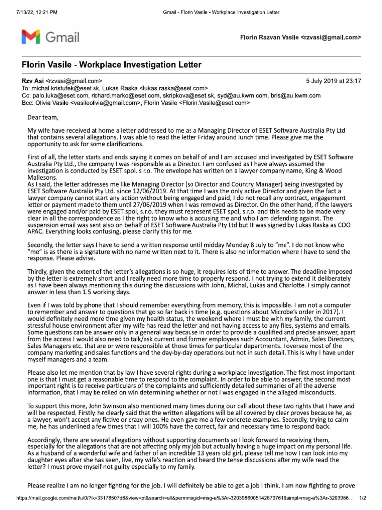 #2 My Answer To Internal Investigation Letter | PDF