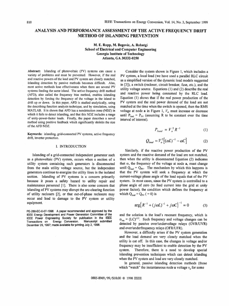 Analysis And Performance Assessment Of The Active Frequency Drift Method Of Islanding Prevention