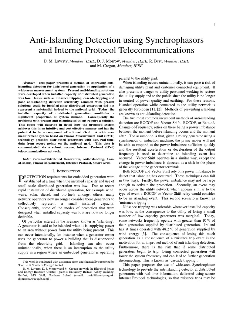 Anti Islanding Detection Using Synchrophasors And Internet Protocol