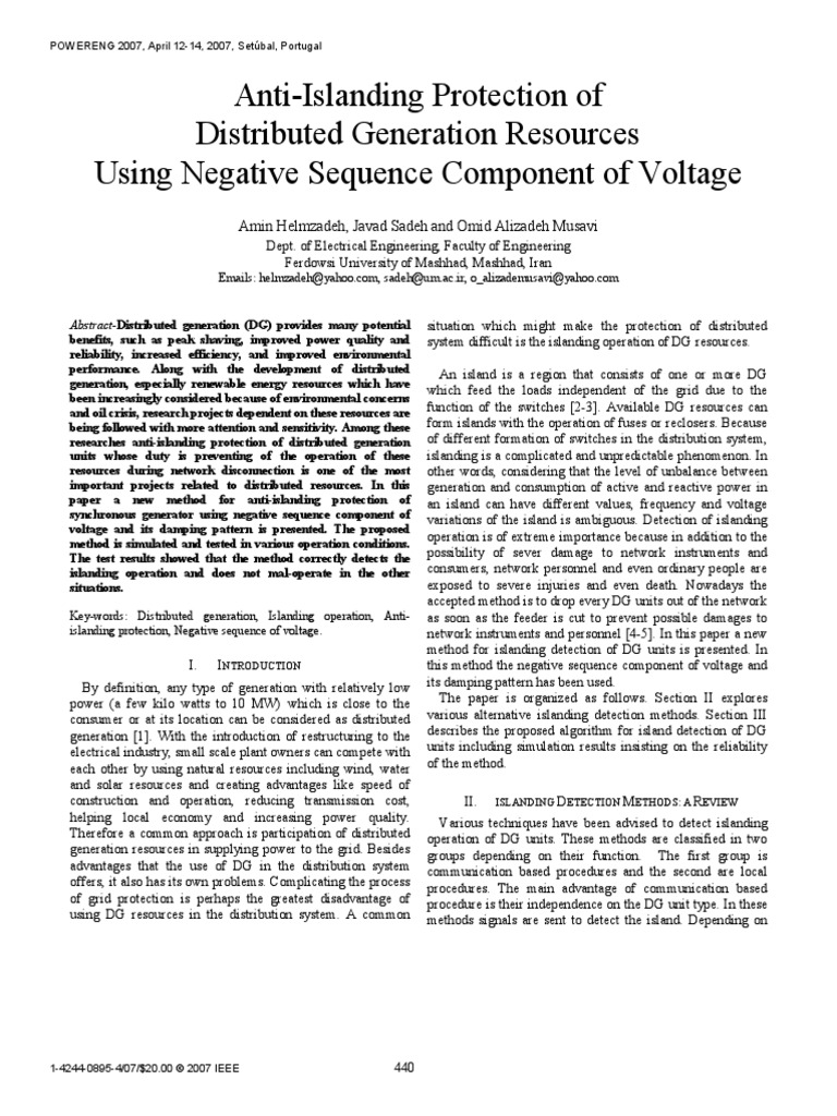 Anti Islanding Protection Of Distributed Generation Resources Using Negative Sequence Component