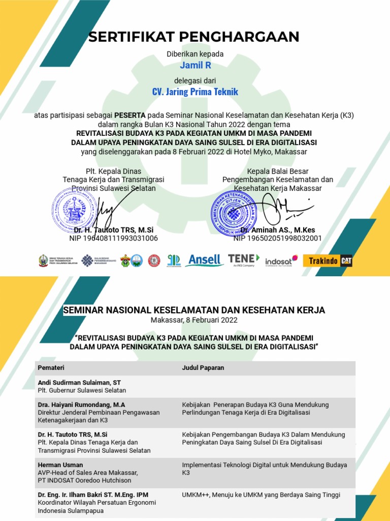 Sertifikat Seminar K3 - Jamil R | PDF
