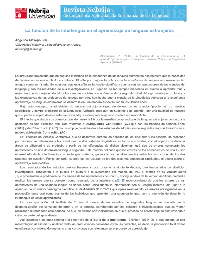 Vista de La Función de La Interlengua en El Aprendizaje de Lenguas ...