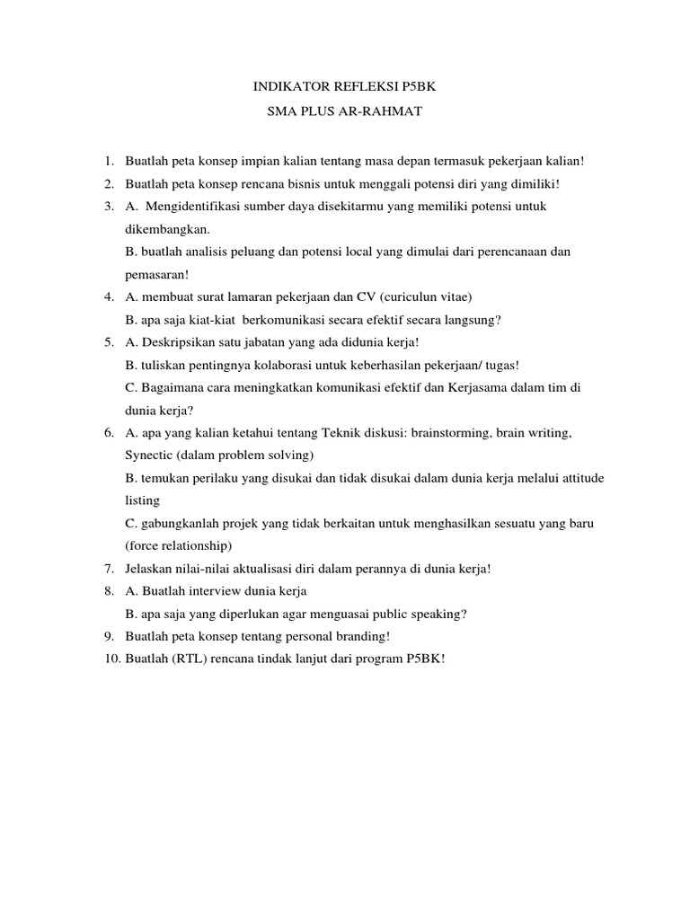 Indikator Refleksi P5BK | PDF