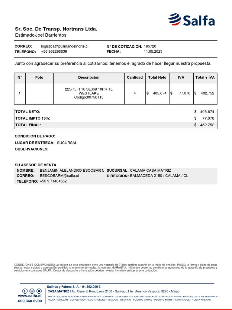 Sr. Soc. de Transp. Nortrans Ltda.: Estimado Joel Barrientos | PDF