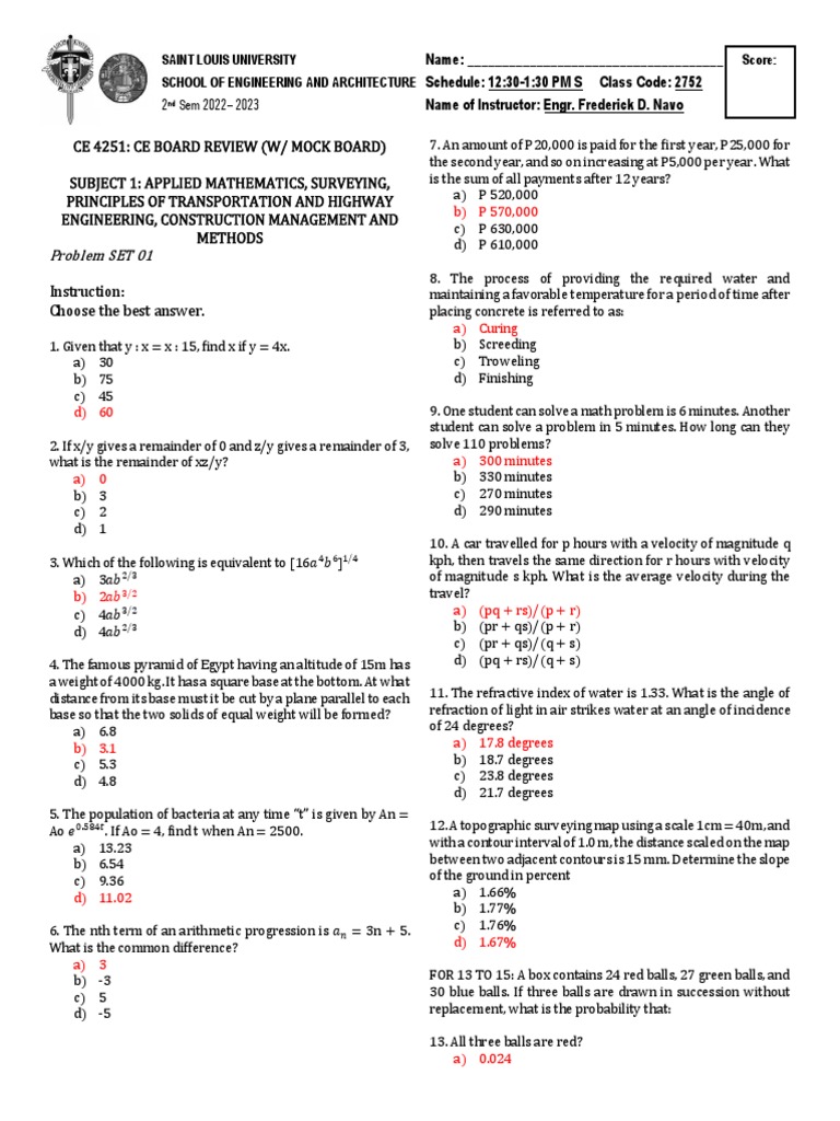 Problem Set 1 Subject 1 MSTE Key Answer | PDF | Area | Triangle