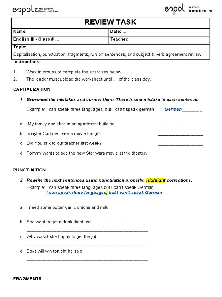 REVIEW TASK 1_Capitalization, Punctuation, Fragments, Run-on sentences ...
