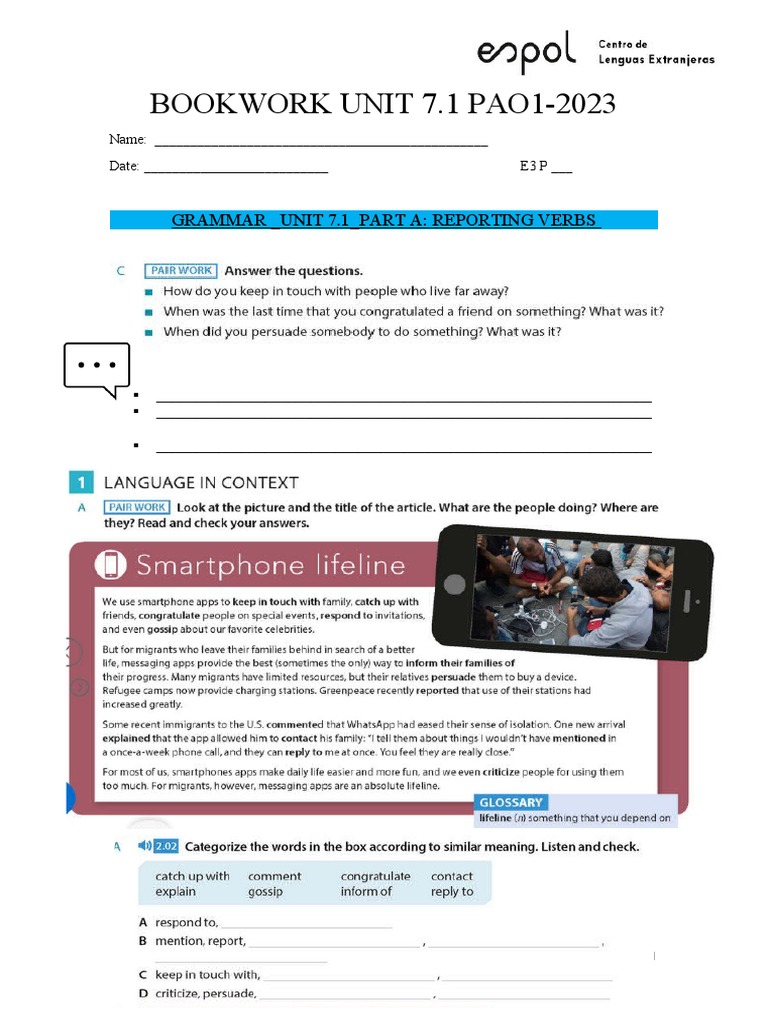 Bookwork Unit 7.1 Reporting Verbs and Reported Statements | PDF
