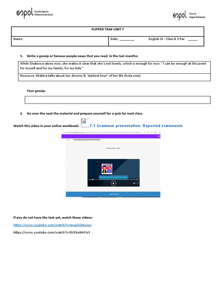 Reported Speech & Shakira News | PDF