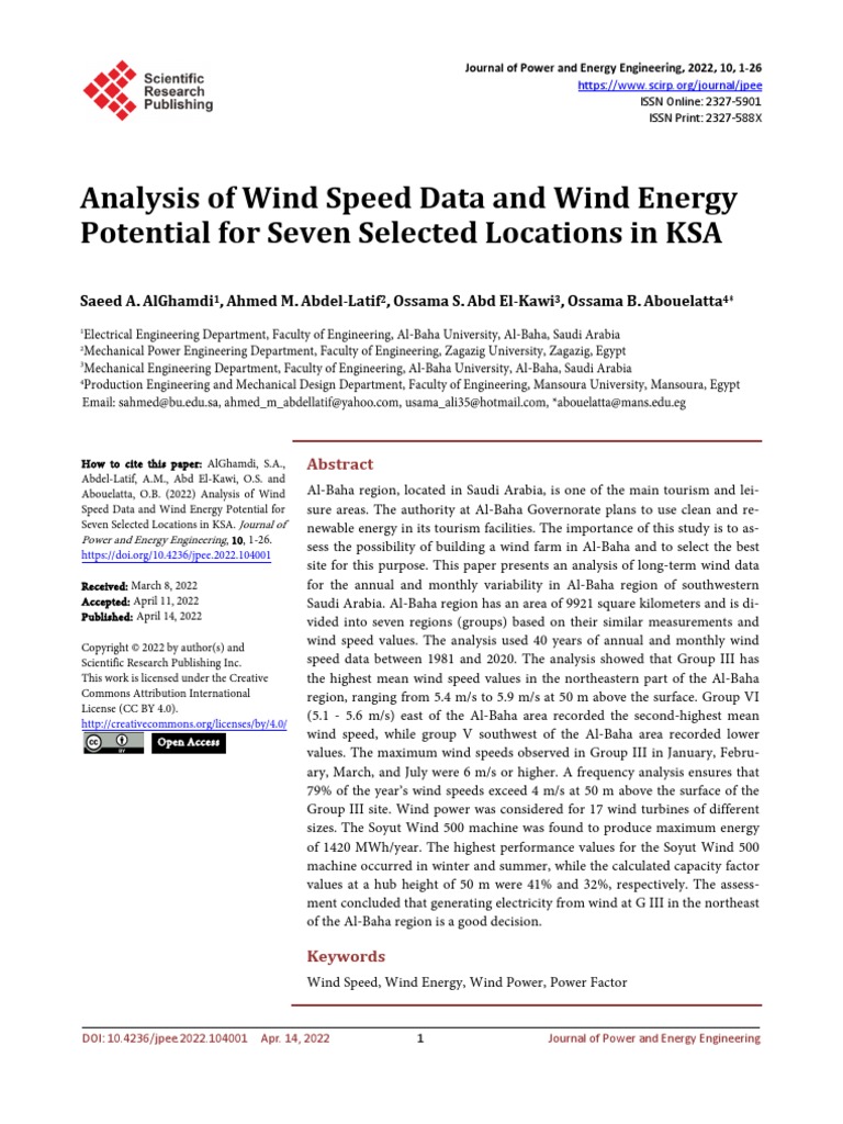 Analysis Of Wind Speed Data And Wind Energy In Ksa Pdf Wind Power