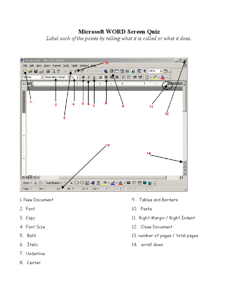 MicrosoftWordScreenQuiz (AnswerKey) | PDF | Typography | Text
