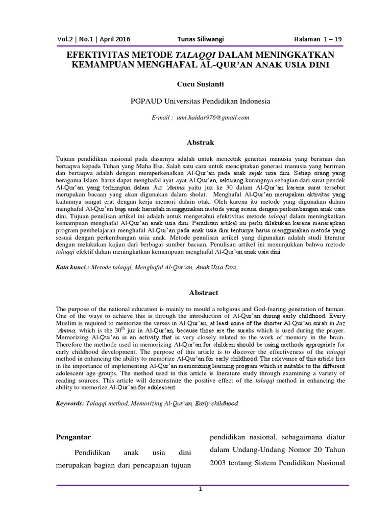 Efektivitas Metode Talaqqi Dalam Meningkatkan Kemampuan Menghafal Al-Qur'An Anak Usia Dini | PDF