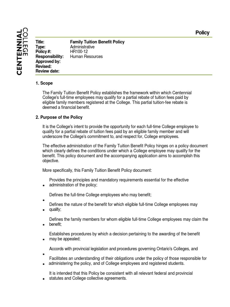 Centennial College Family Tuition Benefit Policy | PDF | Tuition ...