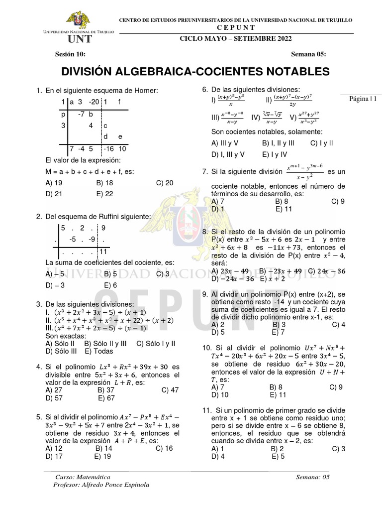 DIVISION ALGEBRAICA y COCIENTES NOTABLES | PDF | Álgebra | Aritmética