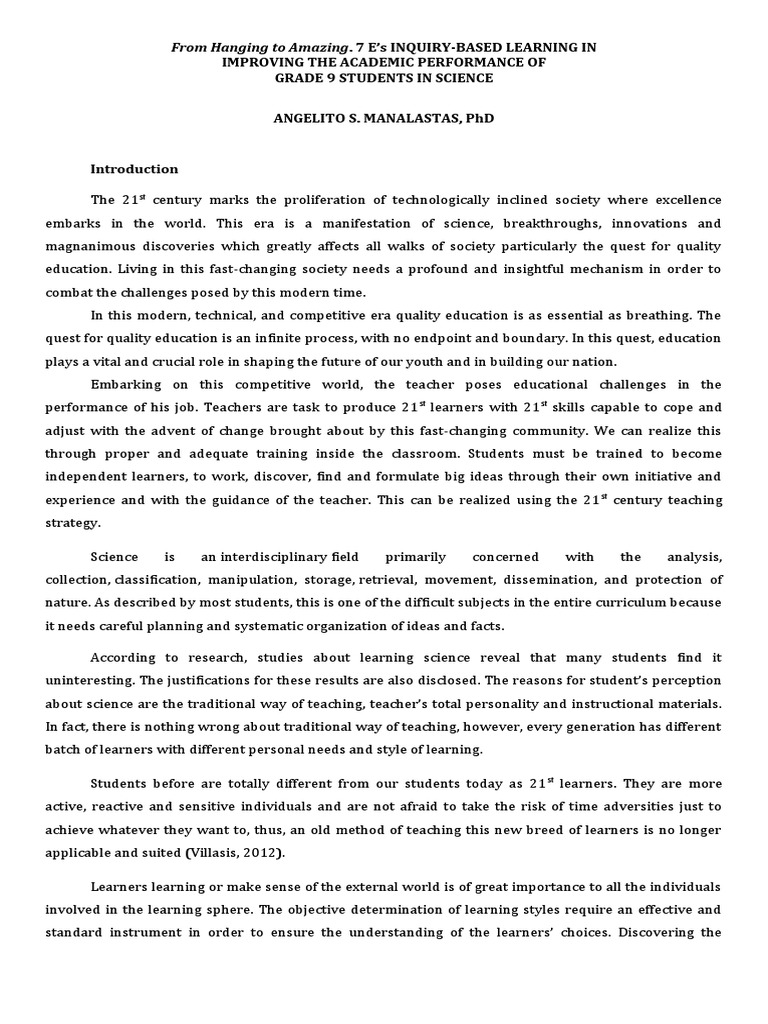 Improving The Academic Performance of Grade 9 Students in Science Angelito S. Manalastas, PHD ...