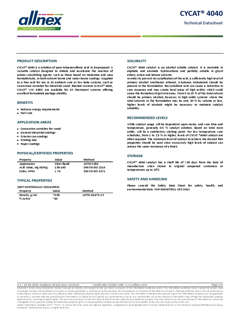 Cycat-4040 TDS | PDF | Solubility | Ethanol