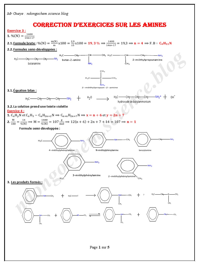 Exercices Corrigés sur les Amines | PDF | Chimie organique | Chimie