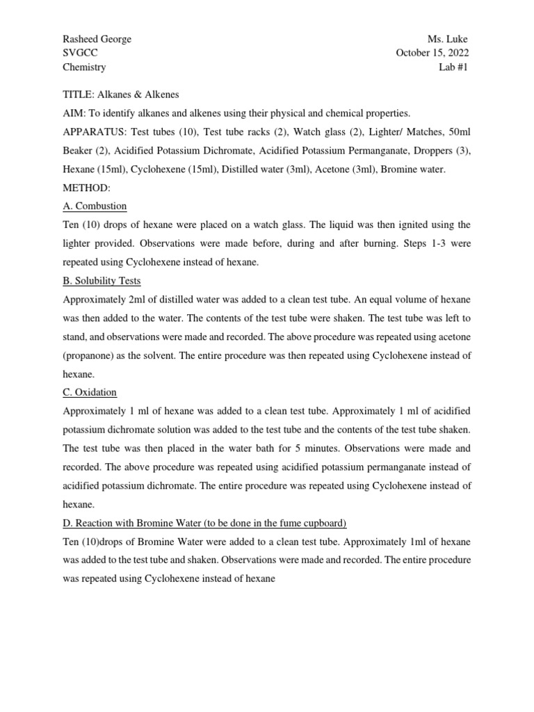 Chemistry Lab #1 | PDF | Alkene | Hydrocarbons