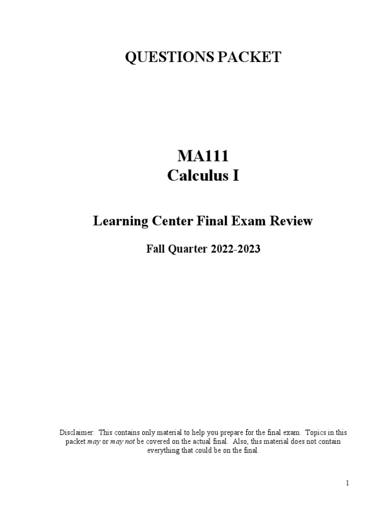 MA111 Questions Packet | PDF | Integral | Calculus