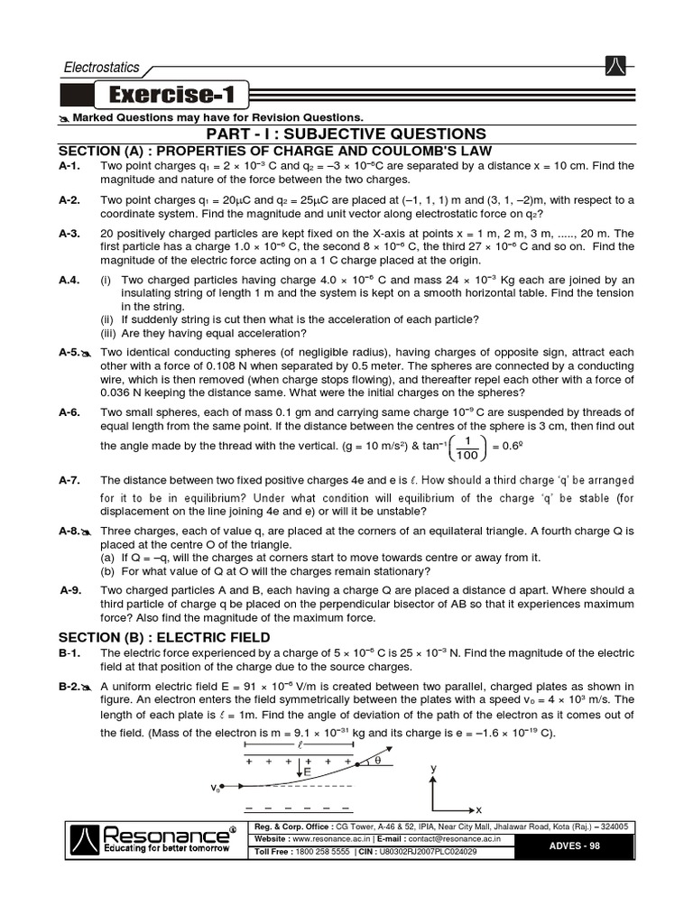 Electrostatics Exercises | PDF | Electric Field | Force