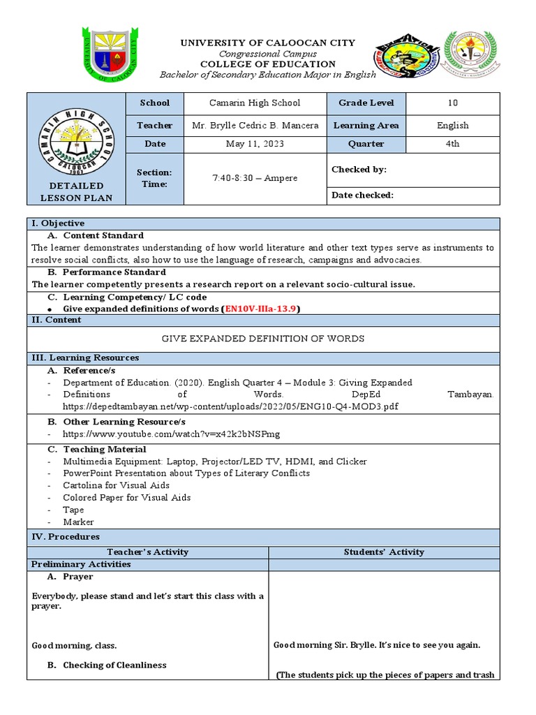 Detailed Lesson Plan: Expanded Definitions | PDF | Definition | Information