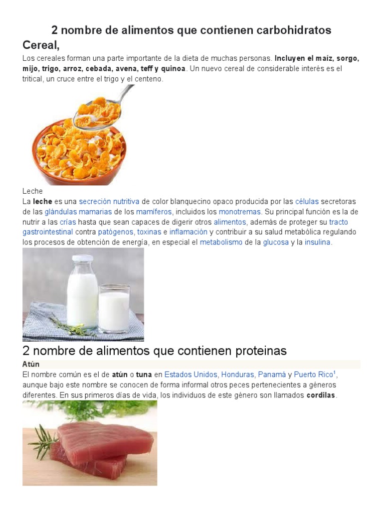 2 Nombre de Alimentos Que Contienen Carbohidratos | PDF | Vegetales | Leche