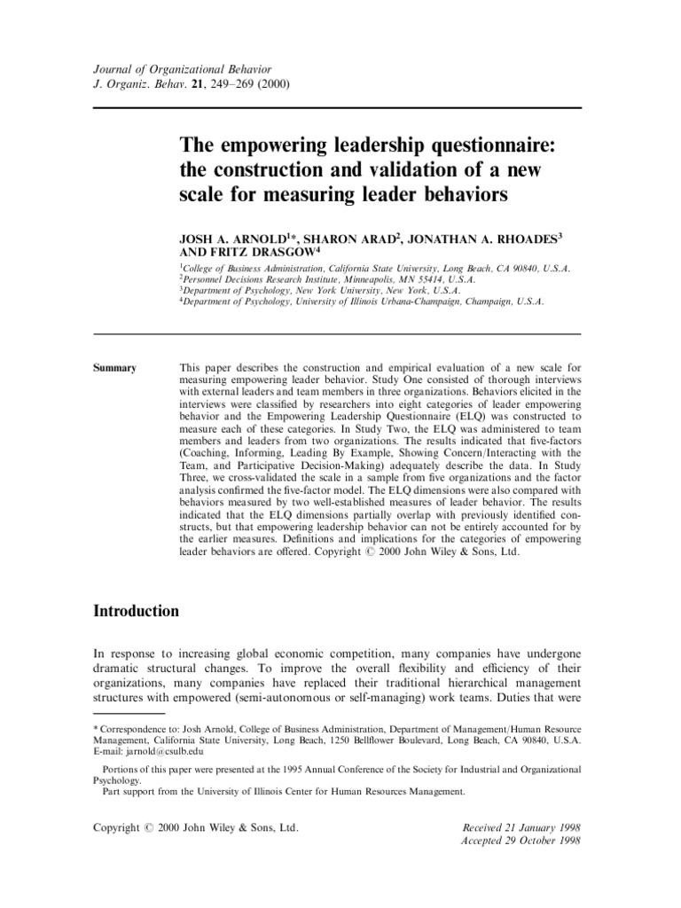 The Empowering Leadership Questionnaire The Construction and Validation of A New Scale For ...