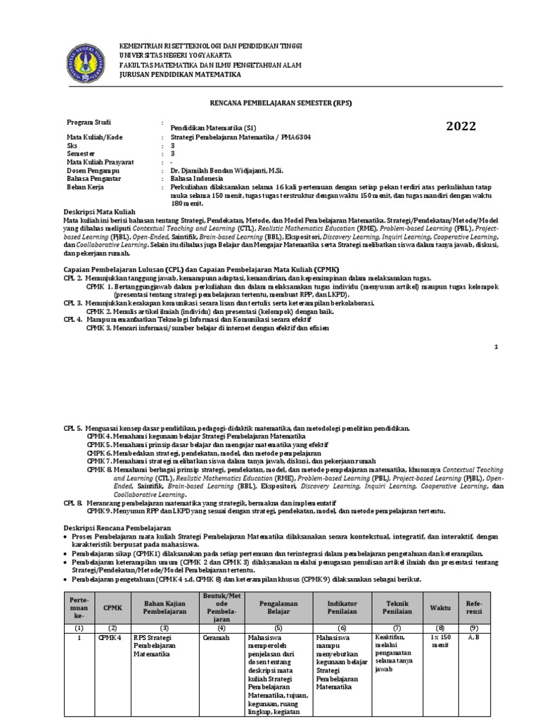 RPS-Strategi Pembelajaran Matematika | PDF