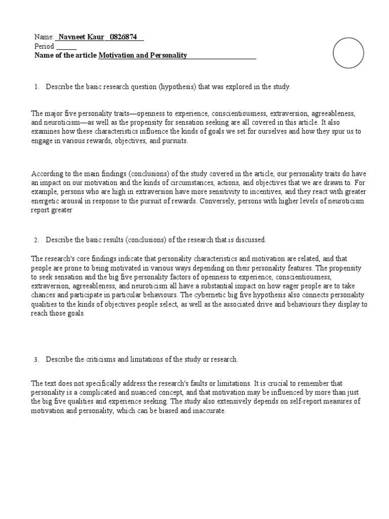 Motivation and Personality Assignment | PDF | Extraversion And ...