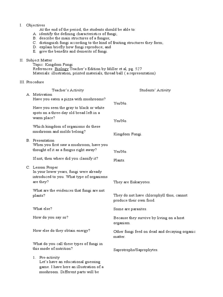 Lesson Plan 7 Fungi PDF Free | PDF | Fungus | Mushroom