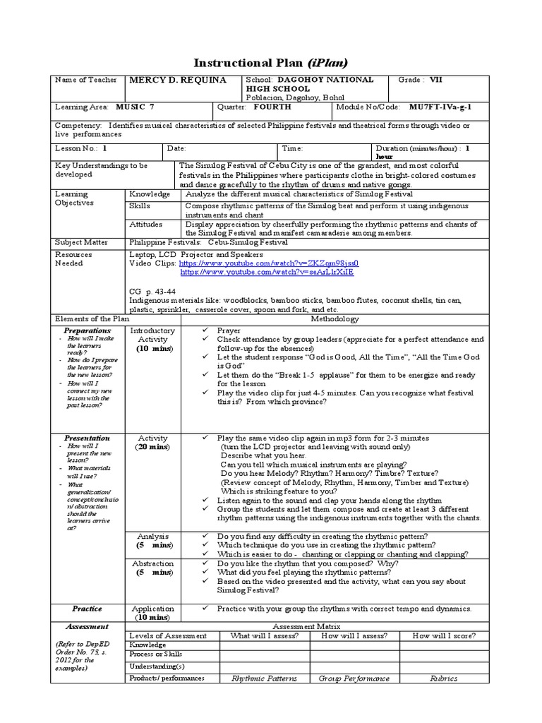 Lesson Plan Music7 | PDF | Rhythm | Learning